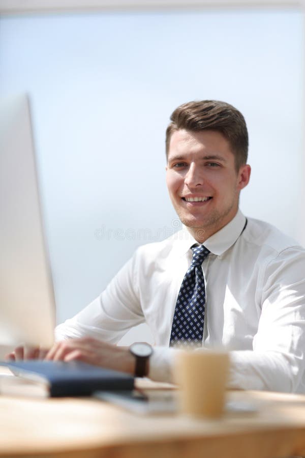 Confident Guy Looking at White Blank Screen . Isolated on White Stock ...