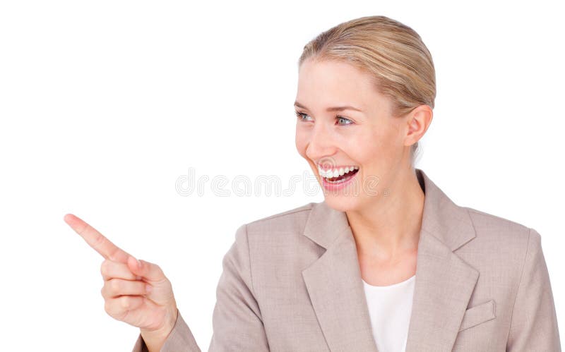 Smiling Young Businesswoman Pointing Stock Photo - Image of beauty ...