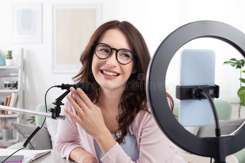 Smiling Young Female Content Creator and Influencer at Home, Using a ...