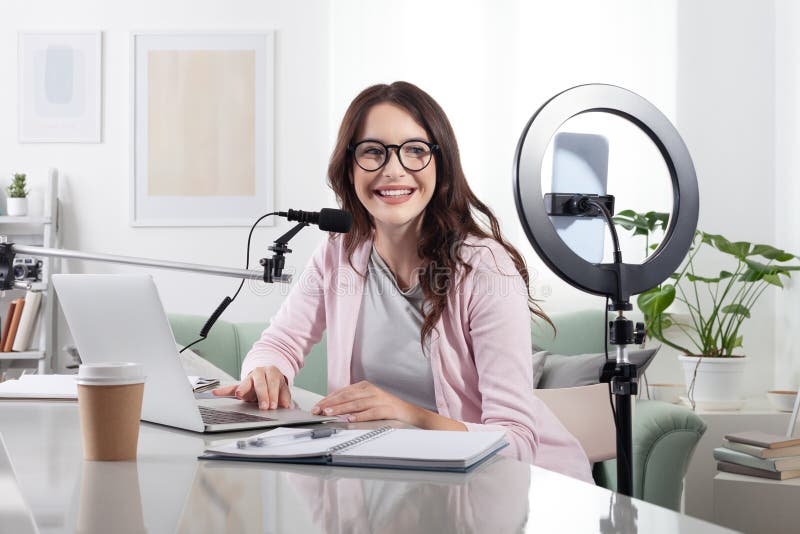 Smiling Young Female Content Creator and Influencer at Home, Using ...