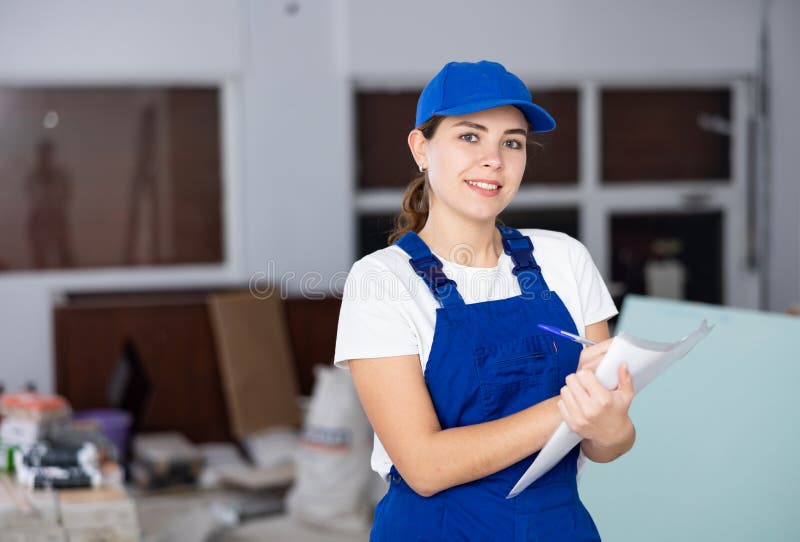 Smiling Young Female Foreman Making Task List Construction Site Stock ...