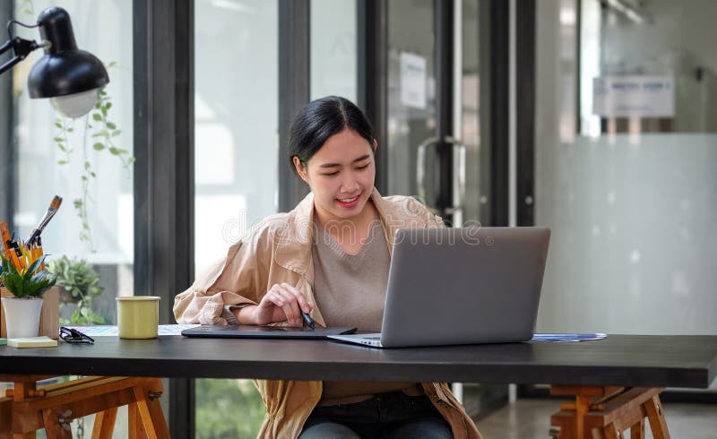 Smiling Young Female Freelancer Working with Computer Laptop Stock ...