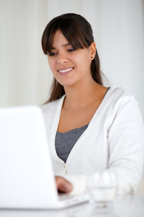 Smiling Young Female Working with Laptop Computer Stock Image - Image ...