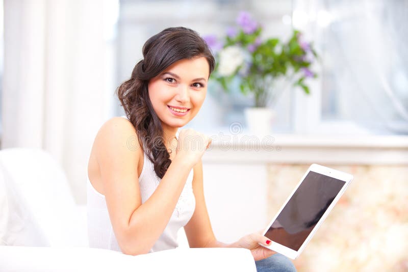Smiling Young Girl Reading Tablet Stock Photo - Image of connect ...