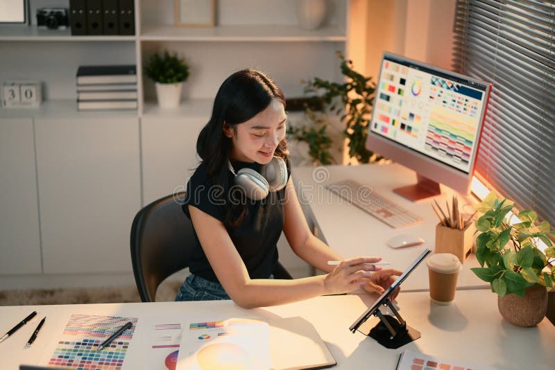 Smiling Young Graphic Designer Using Digital Tablet in a Creative ...