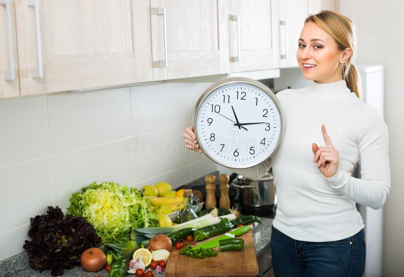 Housewife with Clocks at Kitchen Stock Photo - Image of indoors ...
