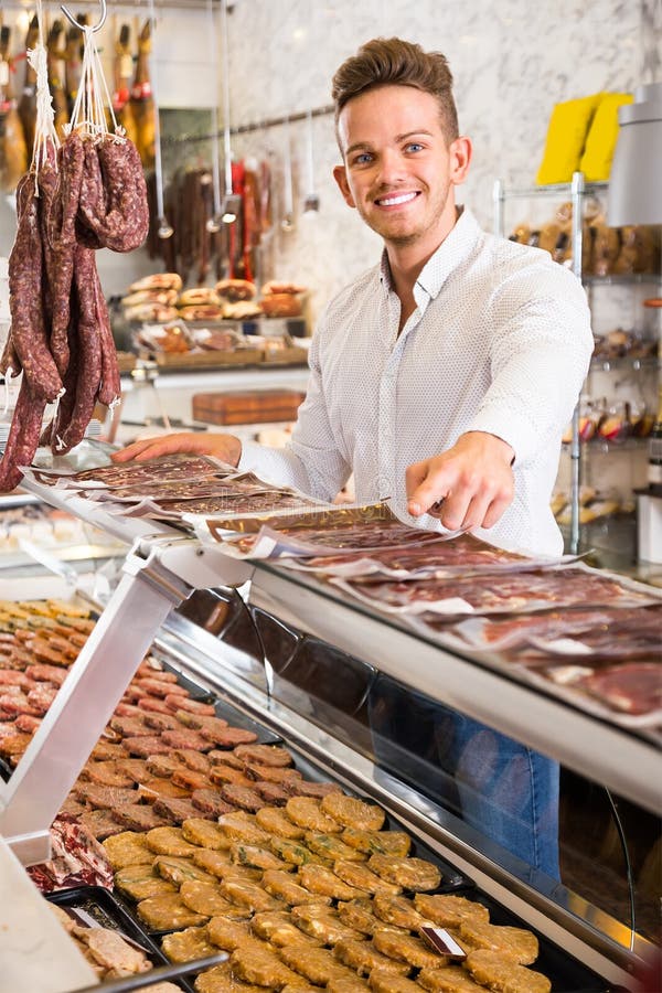 Smiling Young Male Customer at Butcher Store Stock Photo - Image of ...