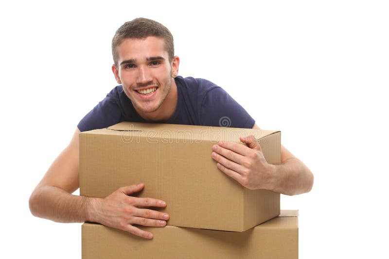 Smiling Young Man with Big Boxes. on a White Background Stock Photo ...