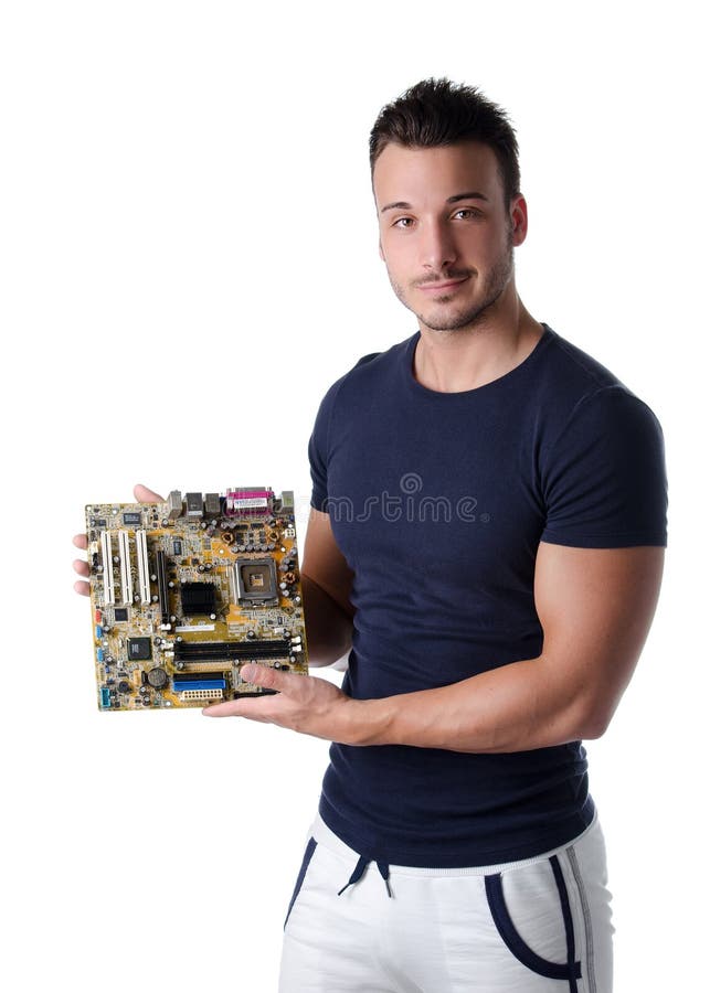 Smiling Young Man Holding and Showing Computer Motherboard Stock Photo ...