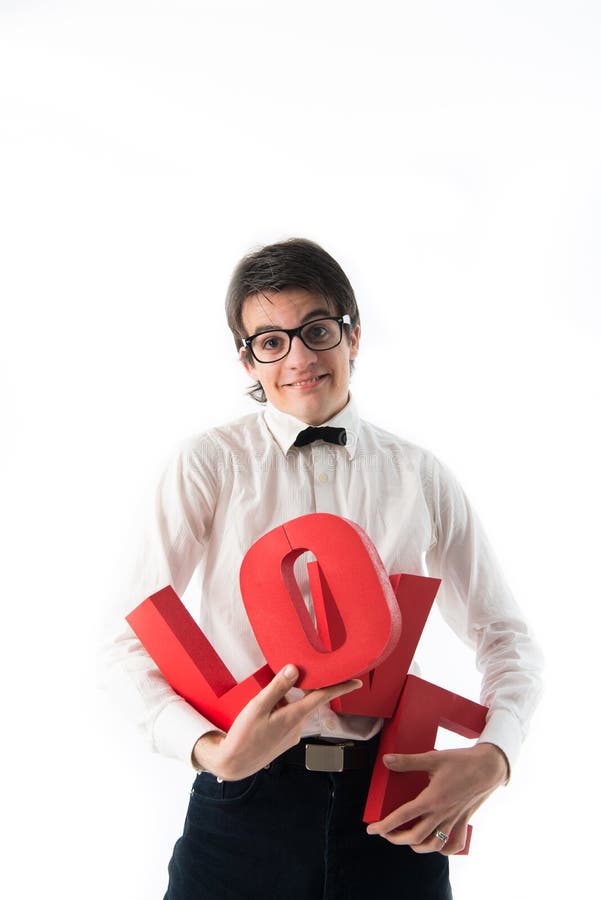 Smiling Young Man Holds a Red Letters Stock Image - Image of ...