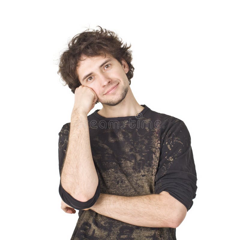 Smiling Man Pointing Hands in Pockets Stock Image - Image of curly ...