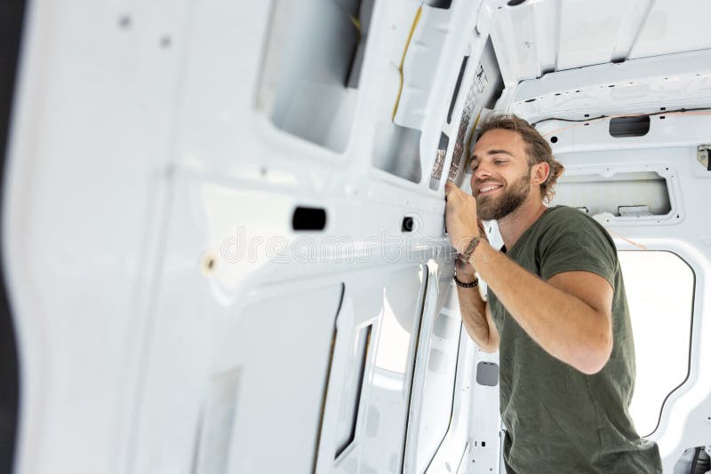 Man Working on a Camper Van Project Stock Photo - Image of build, copy ...