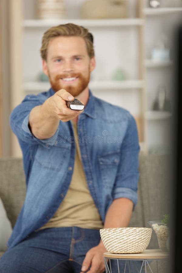 Smiling Young Man Watching Tv Stock Image Image Of Young Smile