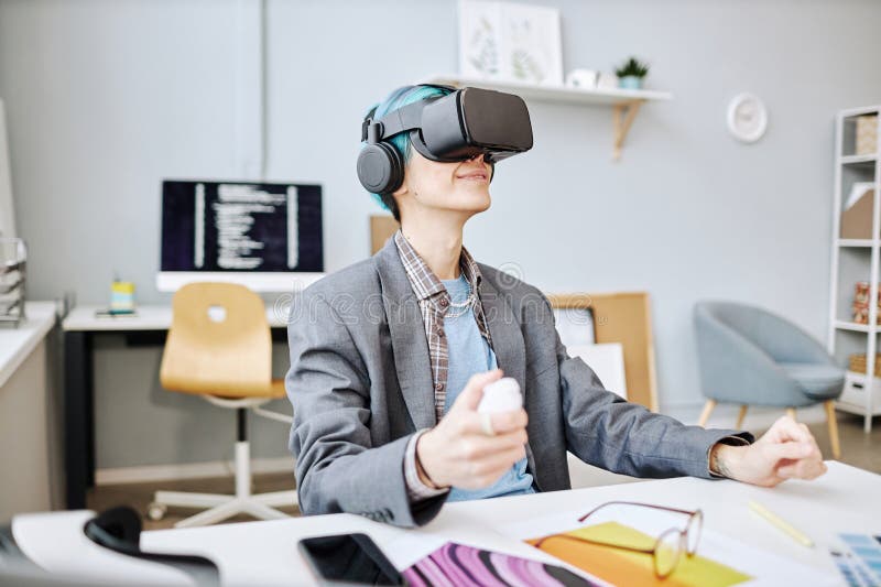 Smiling Young Man Wearing VR Headset in Office Stock Image - Image of ...