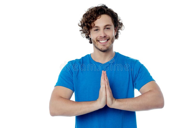 Smiling Young Man in Welcome Gesture Stock Image - Image of standing ...