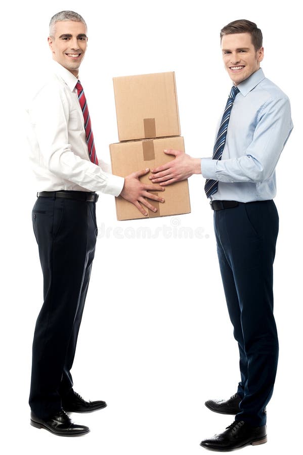 Smiling Young Men Receive Cartons Boxes Stock Photo - Image of ...