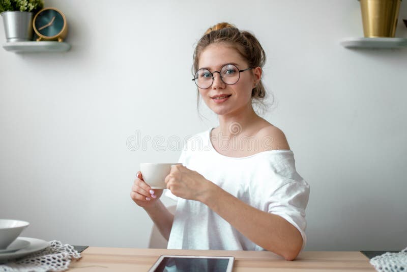 Smiling Young Model with Cup Looking at the Camera Stock Photo - Image ...
