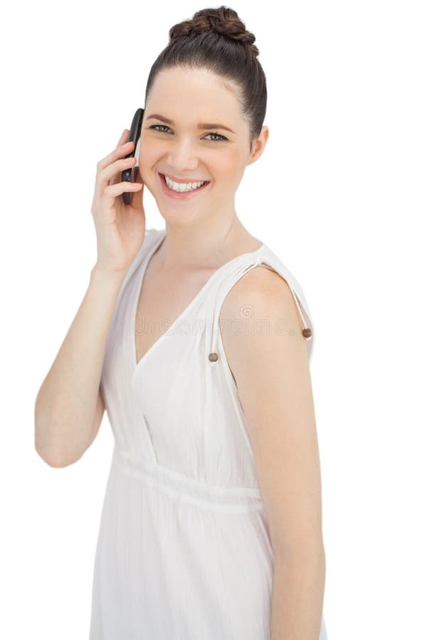 Cheerful Young Model White Dress Having Phone Call Stock Photos - Free ...