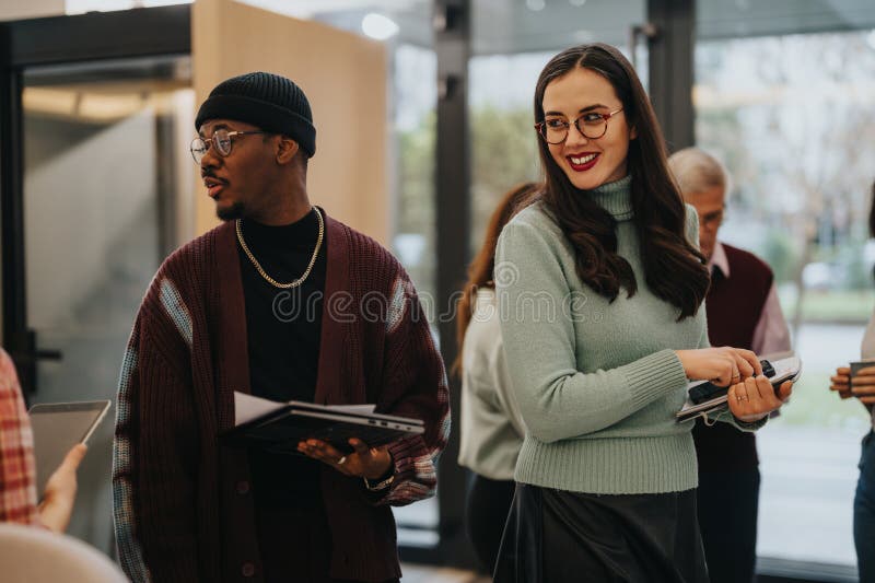 Diverse Group of Business Professionals Walking and Smiling in Modern ...