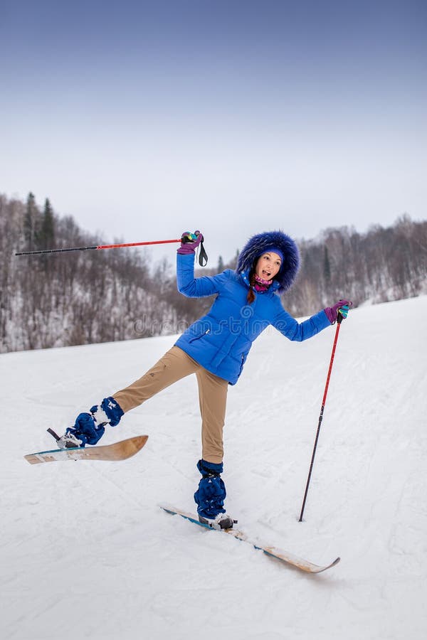Smiling Young Woman Beginner Skier in Winter Stock Image - Image of ...