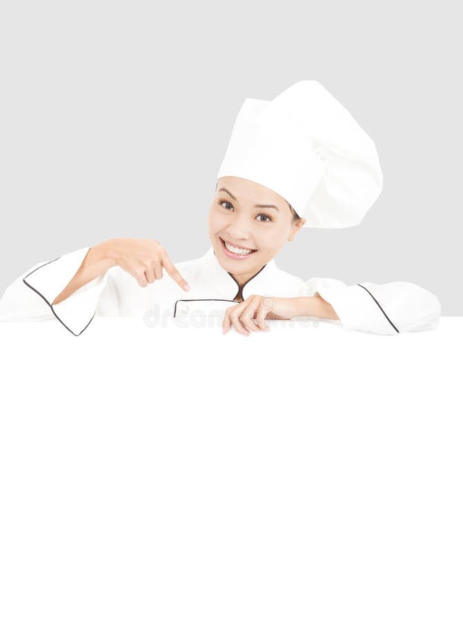 Smiling Young Woman Chef Pointing with Blank Board Stock Image - Image ...