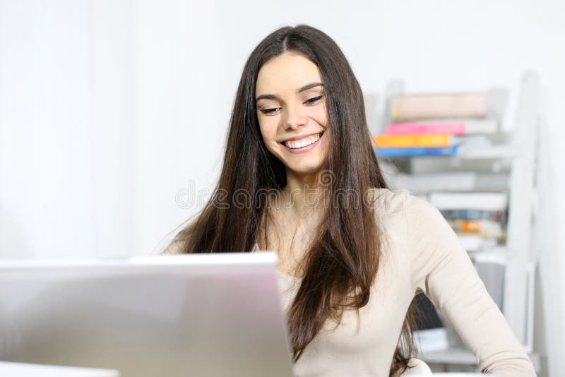 Smiling Young Woman in Front of Computer, Happy Messages Stock Photo ...