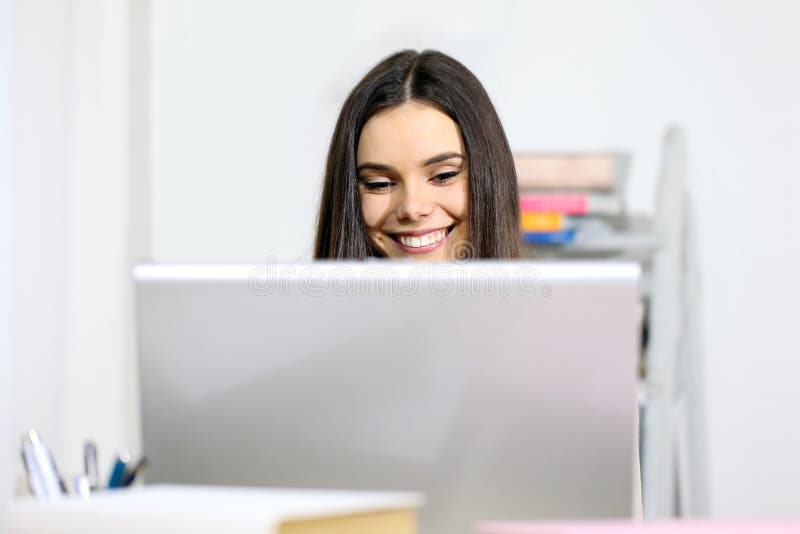 Smiling Young Woman in Front of Computer, Happy Messages Stock Photo ...