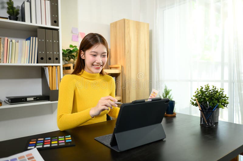 Smiling Young Woman Graphic Designer Working at Creative Desk Stock ...