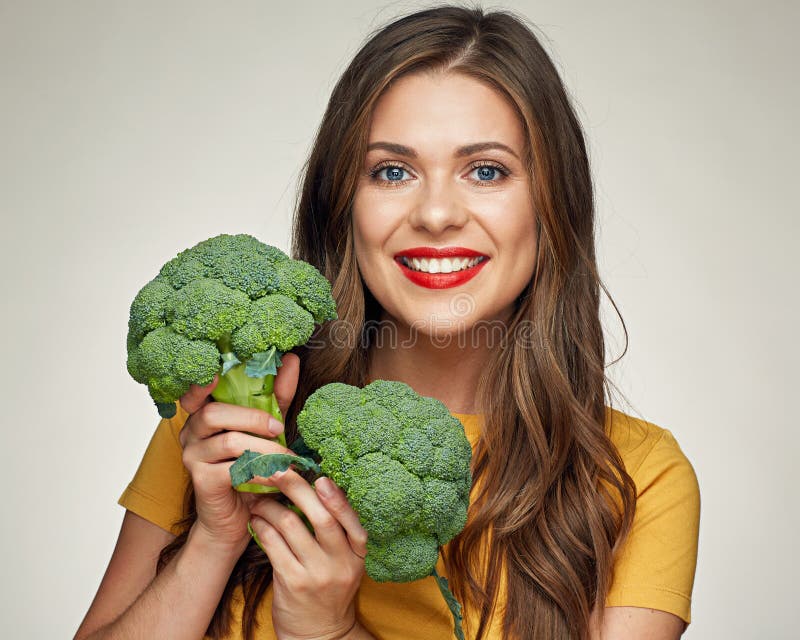 Smiling Young Woman Holding Broccoli Stock Image Image Of Green