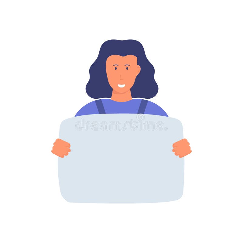 Smiling Young Woman Holding Clean Placard Person In Cartoon Style