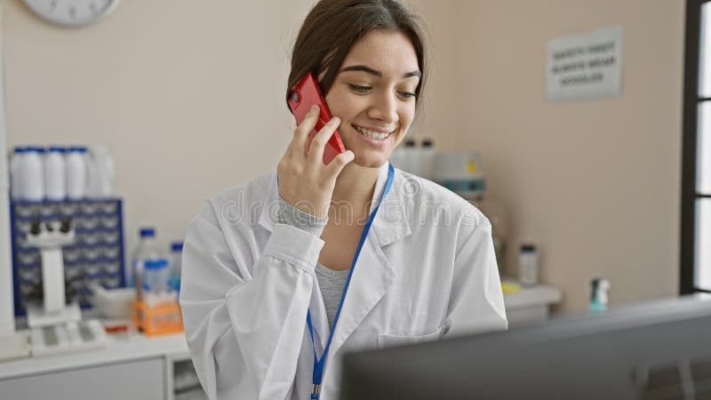 A Smiling Young Woman in a Lab Coat Talking on a Phone in a Laboratory ...