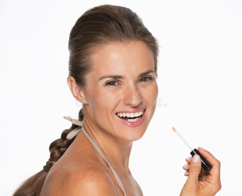 Smiling Young Woman with Lip Gloss Stock Photo - Image of isolated ...