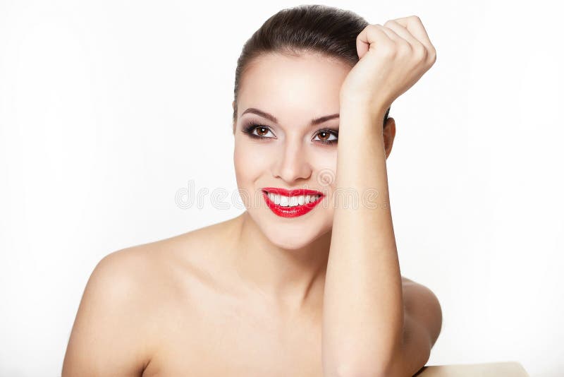 Smiling Young Woman Model with Glamour Red Lips Stock Photo - Image of ...