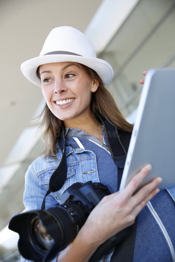 Smiling Young Woman Photographer Using Tablet Stock Image - Image of ...