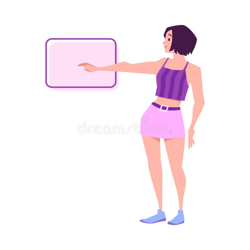 Smiling Young Woman Points with Finger To Empty Shape Flat Style Stock ...