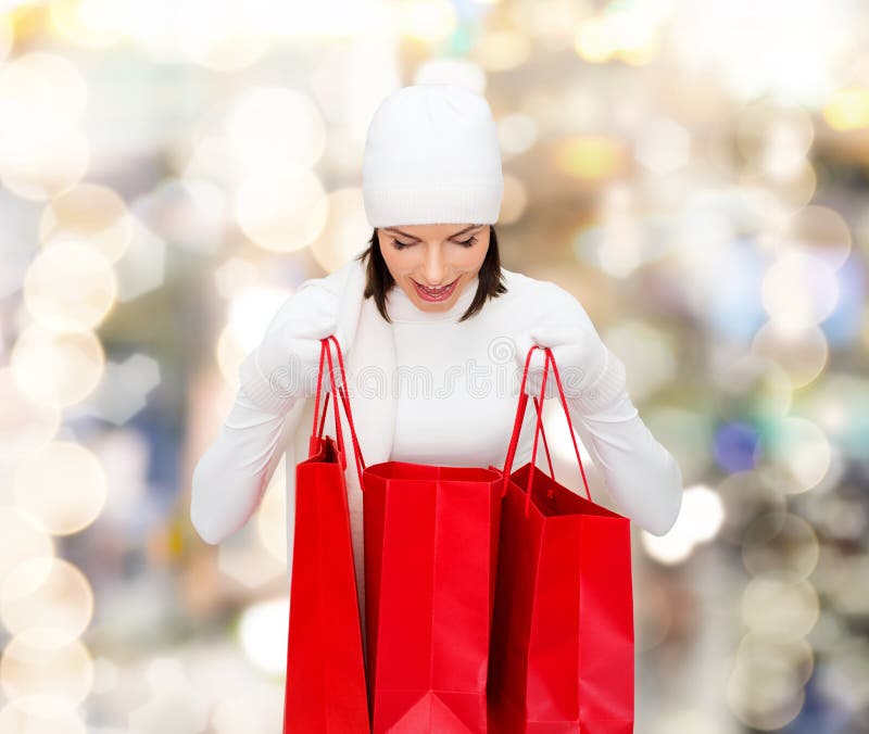 Smiling Young Woman With Red Shopping Bags Stock Image Image Of