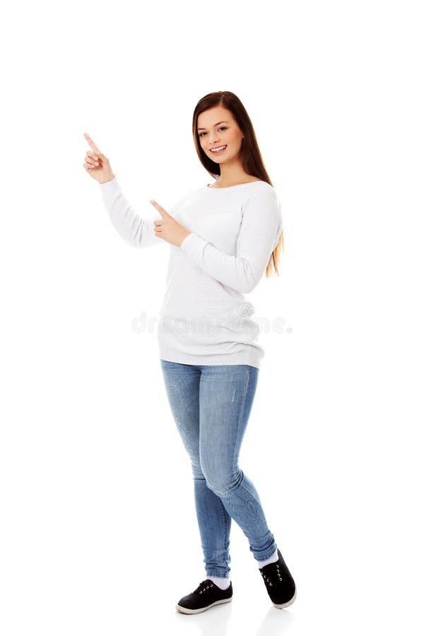 Smiling Young Woman Shows Something Stock Photo - Image of open ...