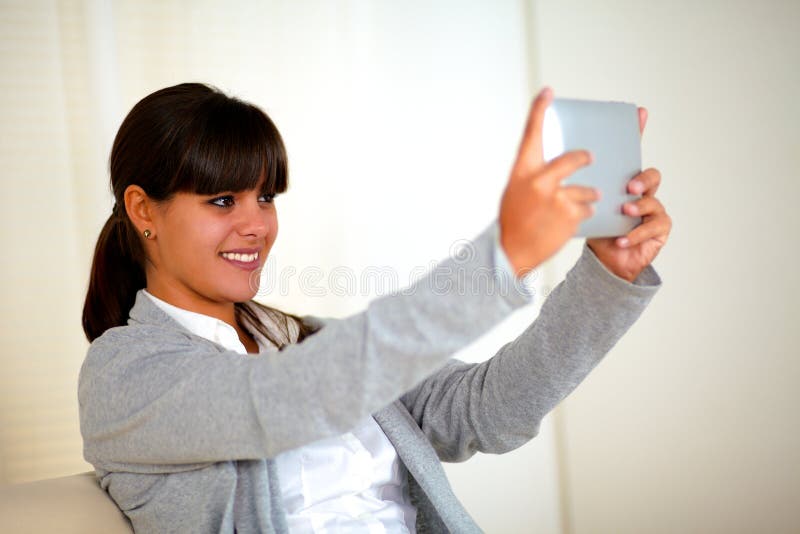 Smiling Young Woman Taking Picture with Tablet Pc Stock Photo - Image ...