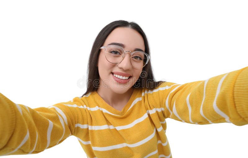 Smiling Young Woman Taking Selfie on White Background Stock Image ...