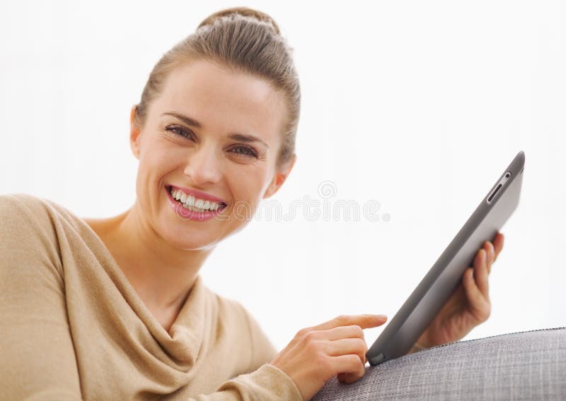 Smiling Young Woman Using Tablet Pc Stock Photo - Image of home ...