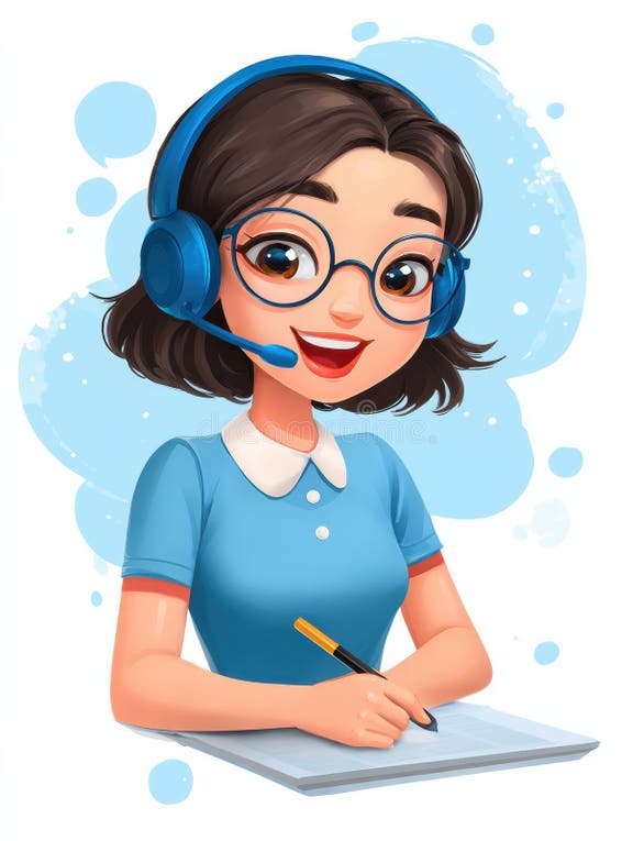 Cheerful Young Woman with Headset Writing Notes in a Light Blue Setting ...