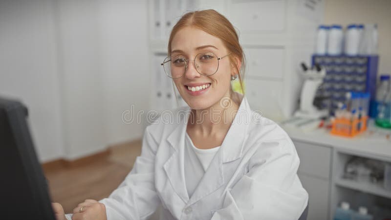 A Smiling Young Woman in a White Lab Coat Wearing Glasses in a Laboratory Setting Stock Image ...