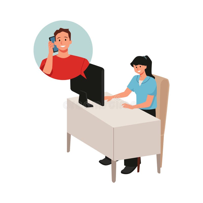 Smiling Young Woman Working in Call Center from Computer Client with ...