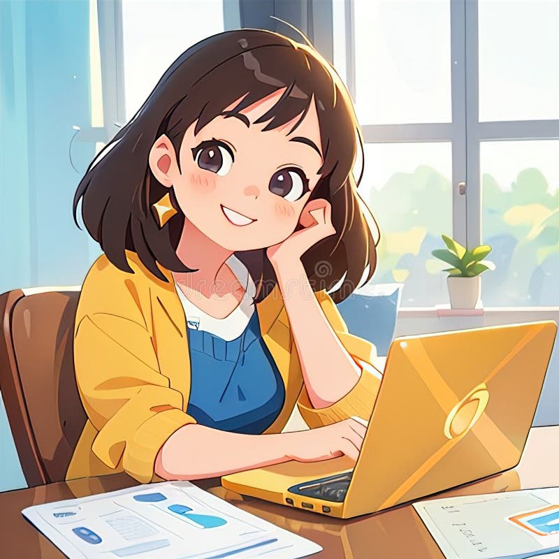 Smiling Young Woman Working on Computer Laptop Notebook, Cute Simple ...