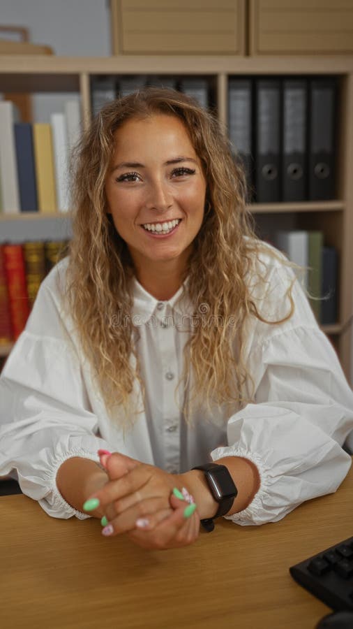 Smiling Young Woman Working Indoors in an Office Room with a ...