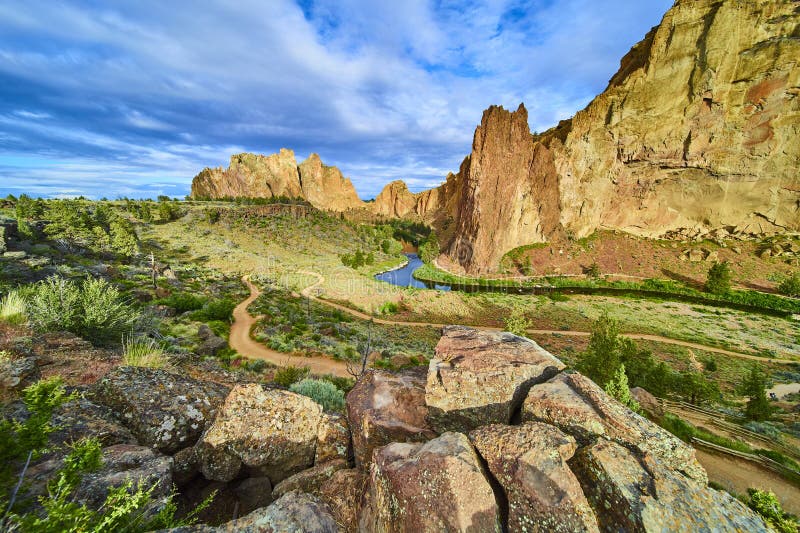 Smith Rock Cliffs and Winding River from High Vantage Point Stock Image ...
