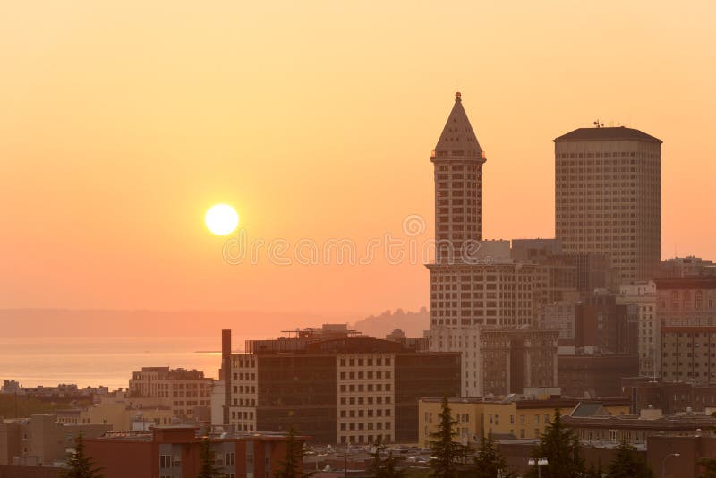 Downtown Seattle at sunset stock photo. Image of area - 125432090