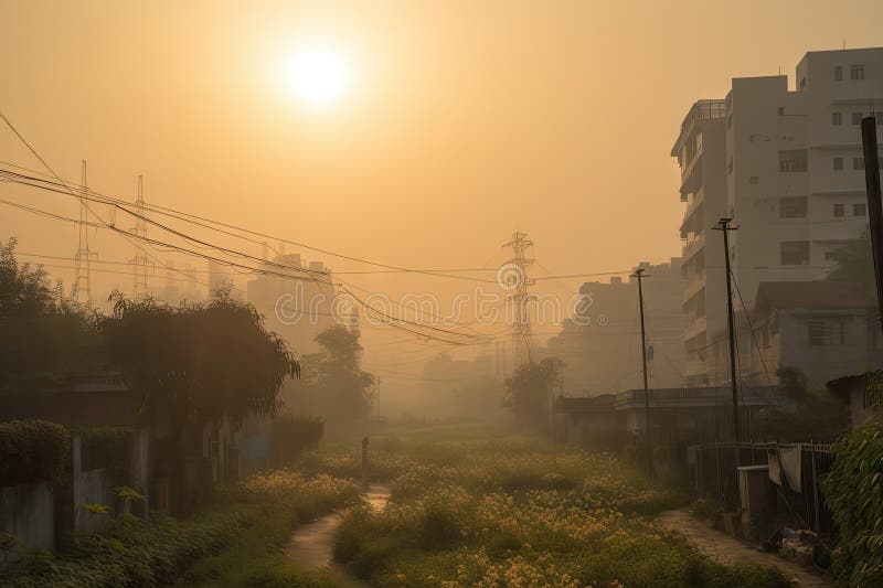 Smoggy Morning, with Sun Peeking through the Haze Stock Illustration ...