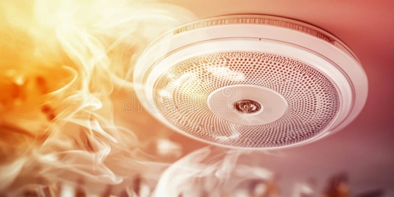 Smoke Alarm Activating with Dense White Smoke, Blurry Orange Background ...