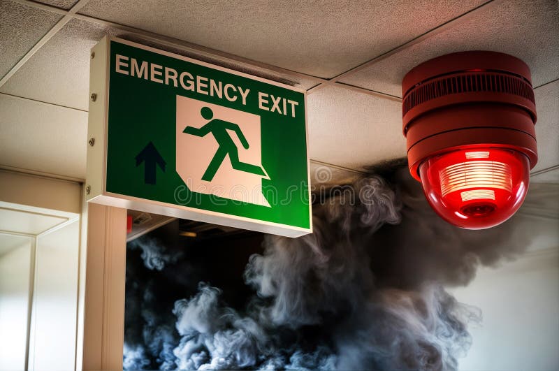 Smoke Alarm in a Building, with a Green Sign Indicating an Emergency ...